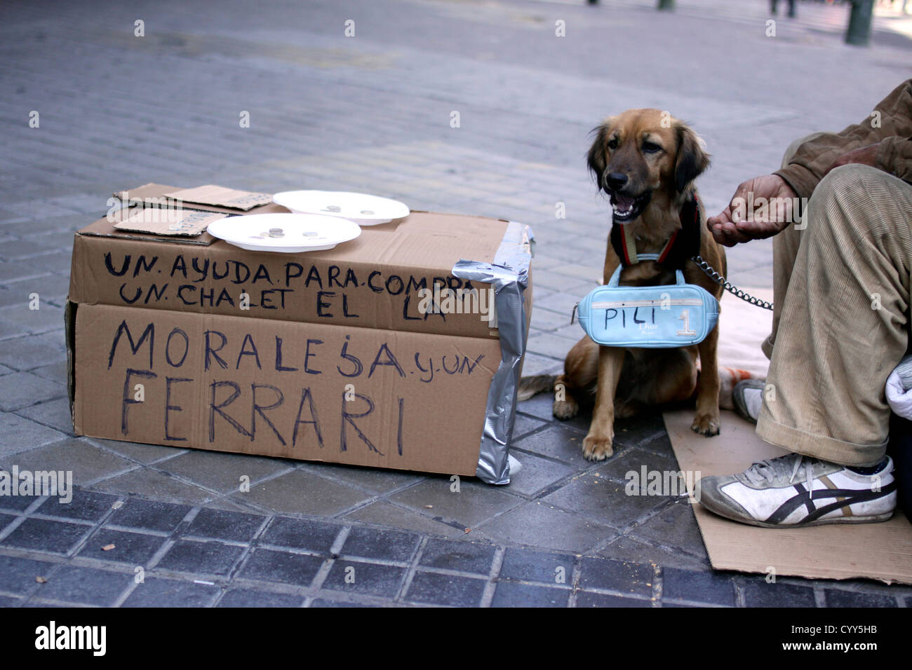 Homeless man with his dog in Madrid, Spain. The sign reads "Please help ...