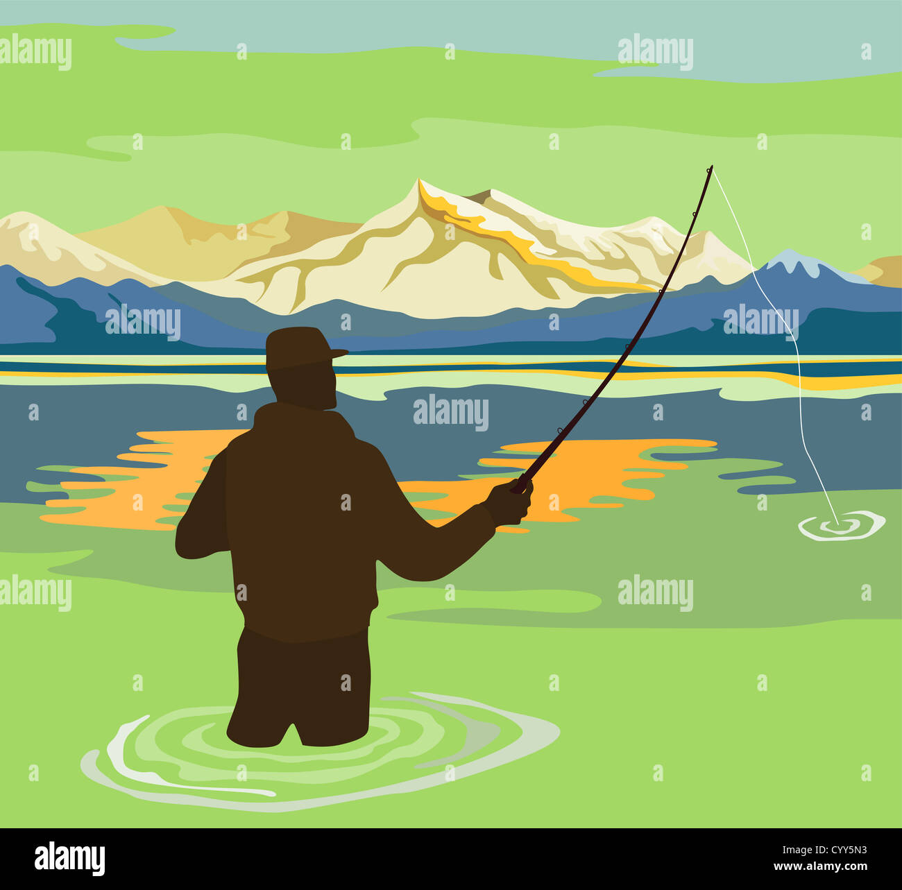 Illustration fly fisherman casting rod hi-res stock photography and ...