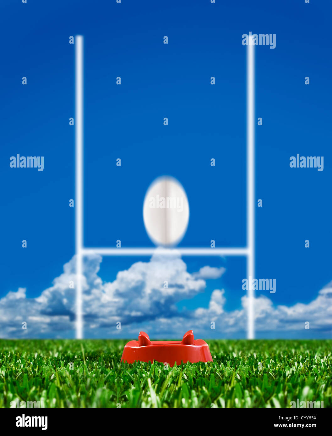 Rugby ball kicked to the posts on a rugby field showing movement Stock ...