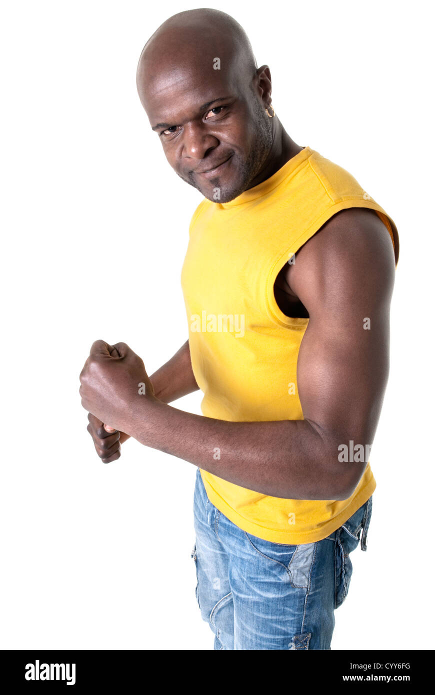 Black strong man smiling on white background Stock Photo - Alamy