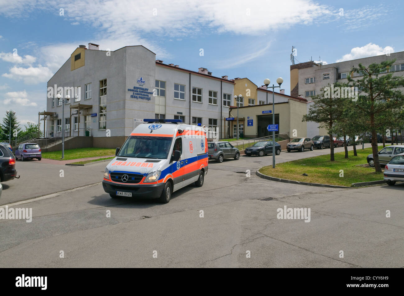 Ambulance at the front of a hospital. A & E department of City Hospital ...