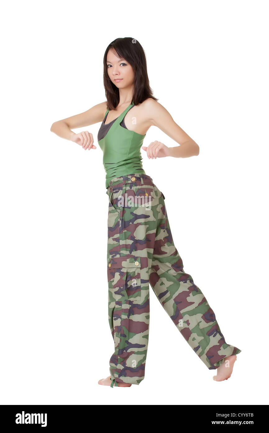 Gym woman doing stretch excise isolated over white background Stock ...