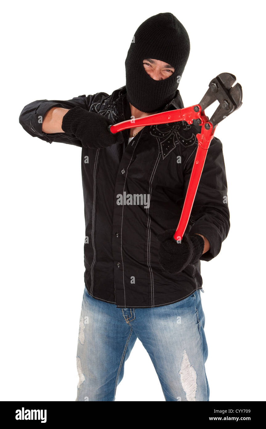 Masked robber holding huge red and black wire cutters Stock Photo - Alamy