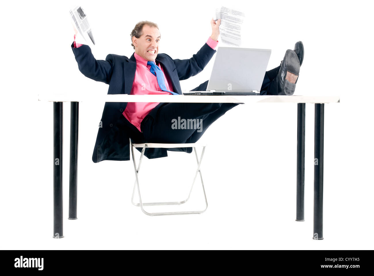 Overload businessman with computer problem on white background Stock ...