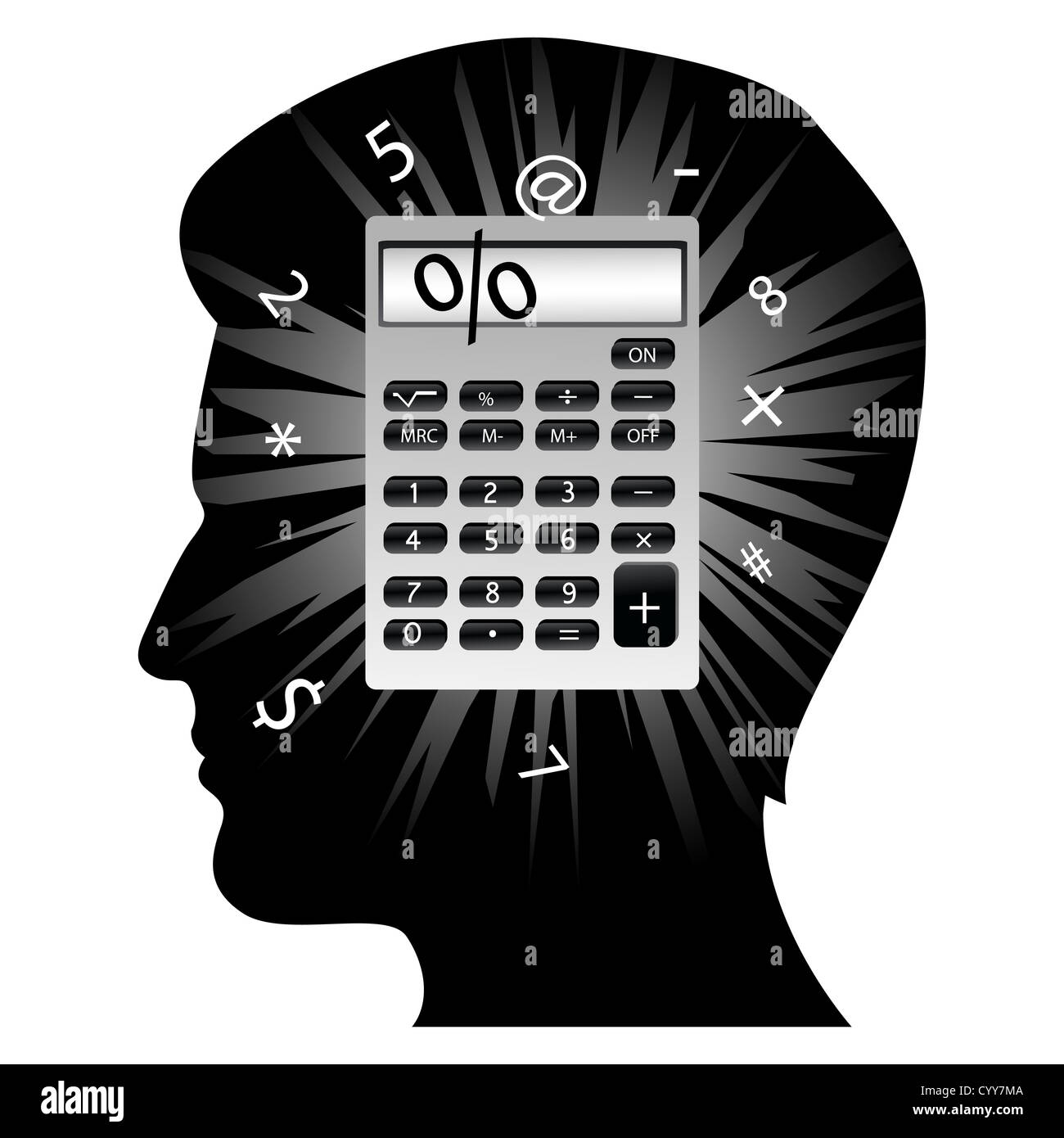 illustration of creative man's mind with calculator on white background ...
