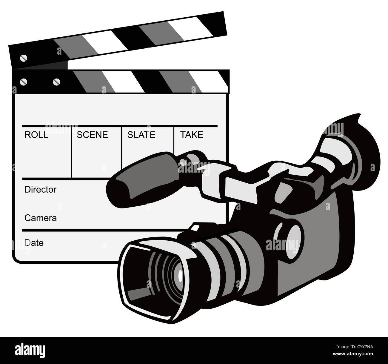 Illustration of a video camera with movie clapboard clapper board done ...