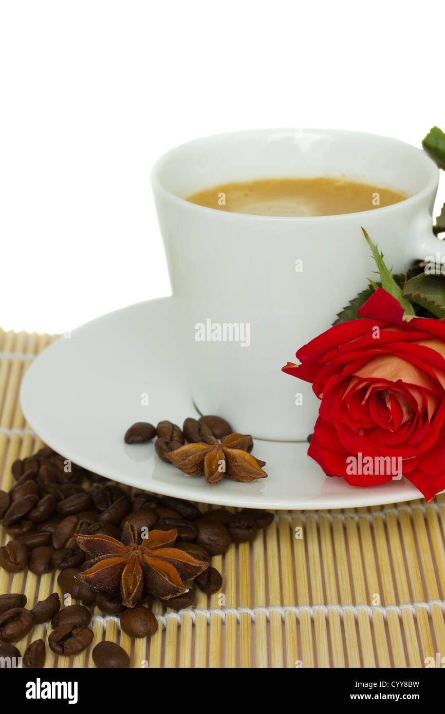 cup of coffee with red rose flower isolated on white background Stock ...