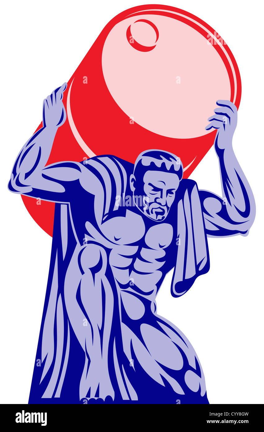 Illustration of Atlas man carrying barrel drum of oil done in retro ...