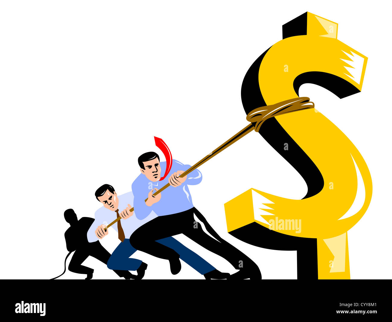 Illustration of office workers pulling down the dollar sign with rope ...