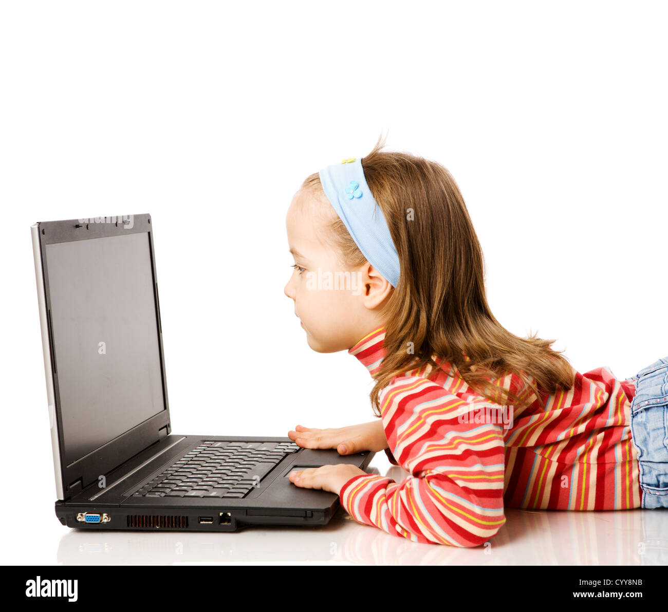 Girl typing message on laptop isolated on white Stock Photo - Alamy