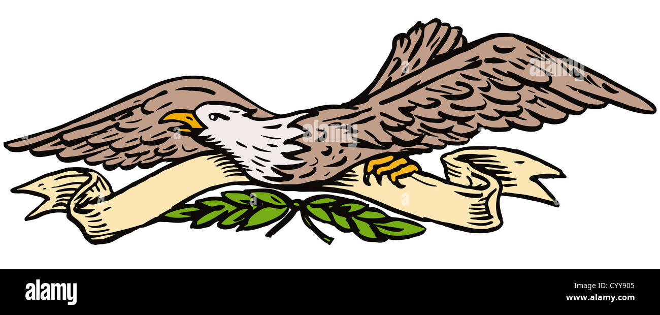Illustration of a bald eagle perching on ribbon scroll and laurel ...
