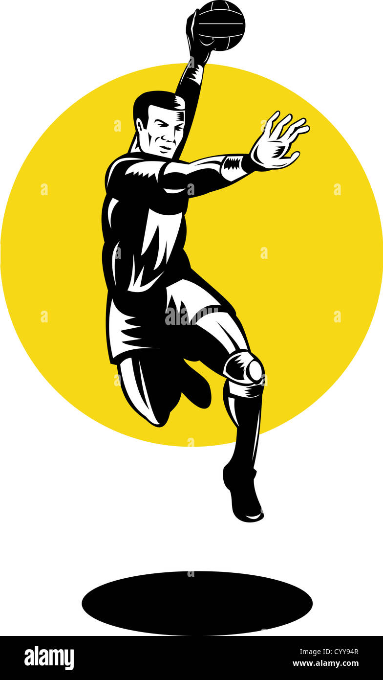 illustration of a handball player with ball throwing jumping on ...