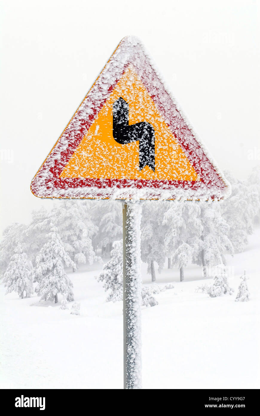Traffic road sign in frost and snow Stock Photo - Alamy