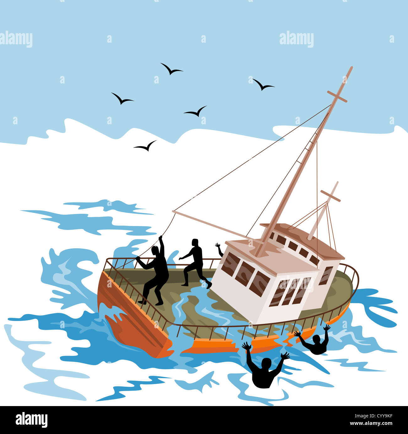 illustration of a fishing boat at sea about to sink with people ...