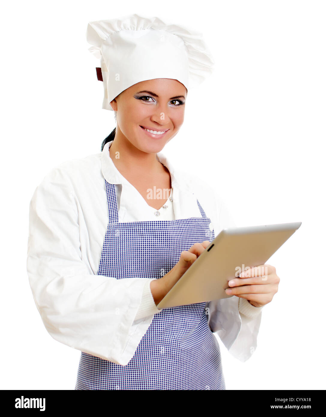 Smiling chief cook with tablet computer. Isolated on white Stock Photo ...