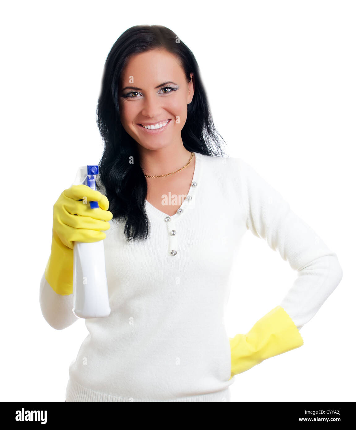 Happy housewife with window cleaner. Isolated on white Stock Photo - Alamy