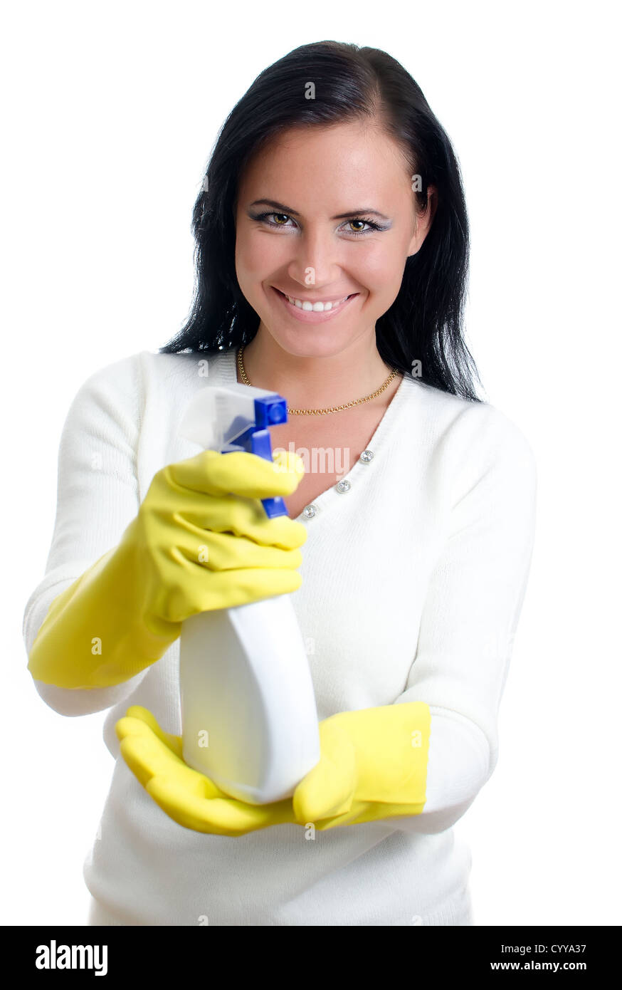 Happy housewife with window cleaner. Isolated on white Stock Photo - Alamy