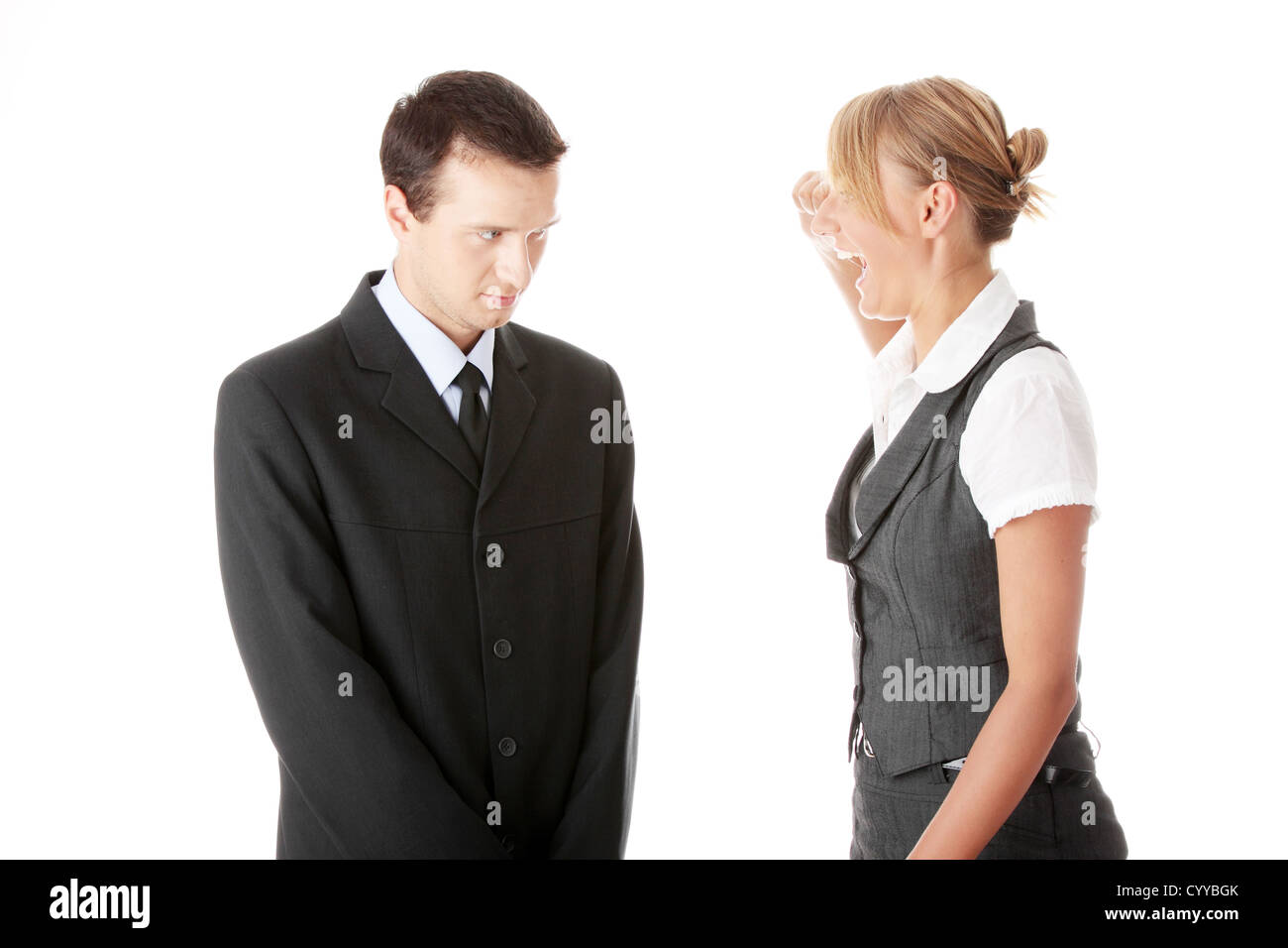 Work Colleagues arguing on white background Stock Photo - Alamy