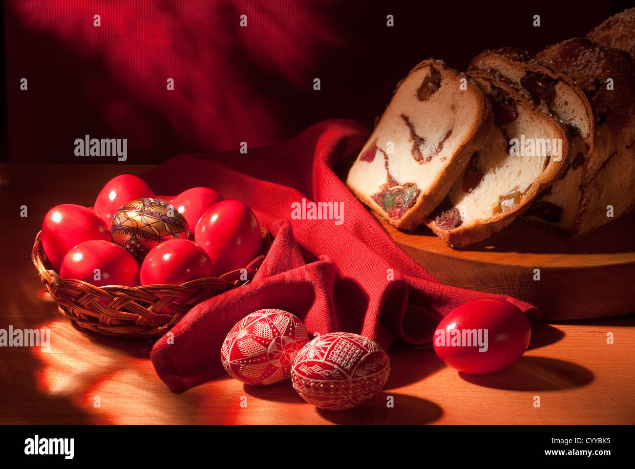handmade Romanian wax decorated Easter eggs and traditional cake ...