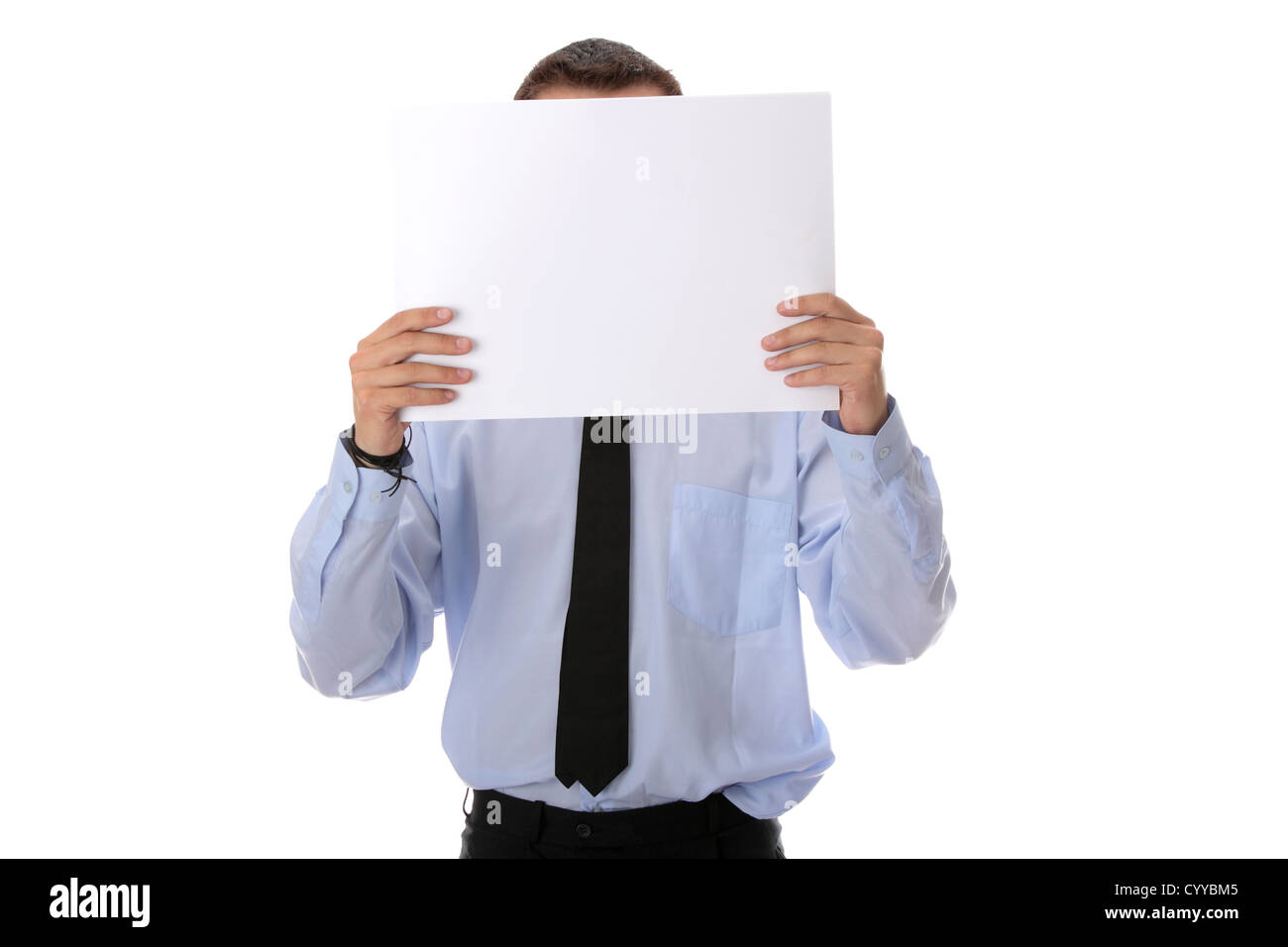 A businessman with a blank paper in his face isolated on white Stock ...