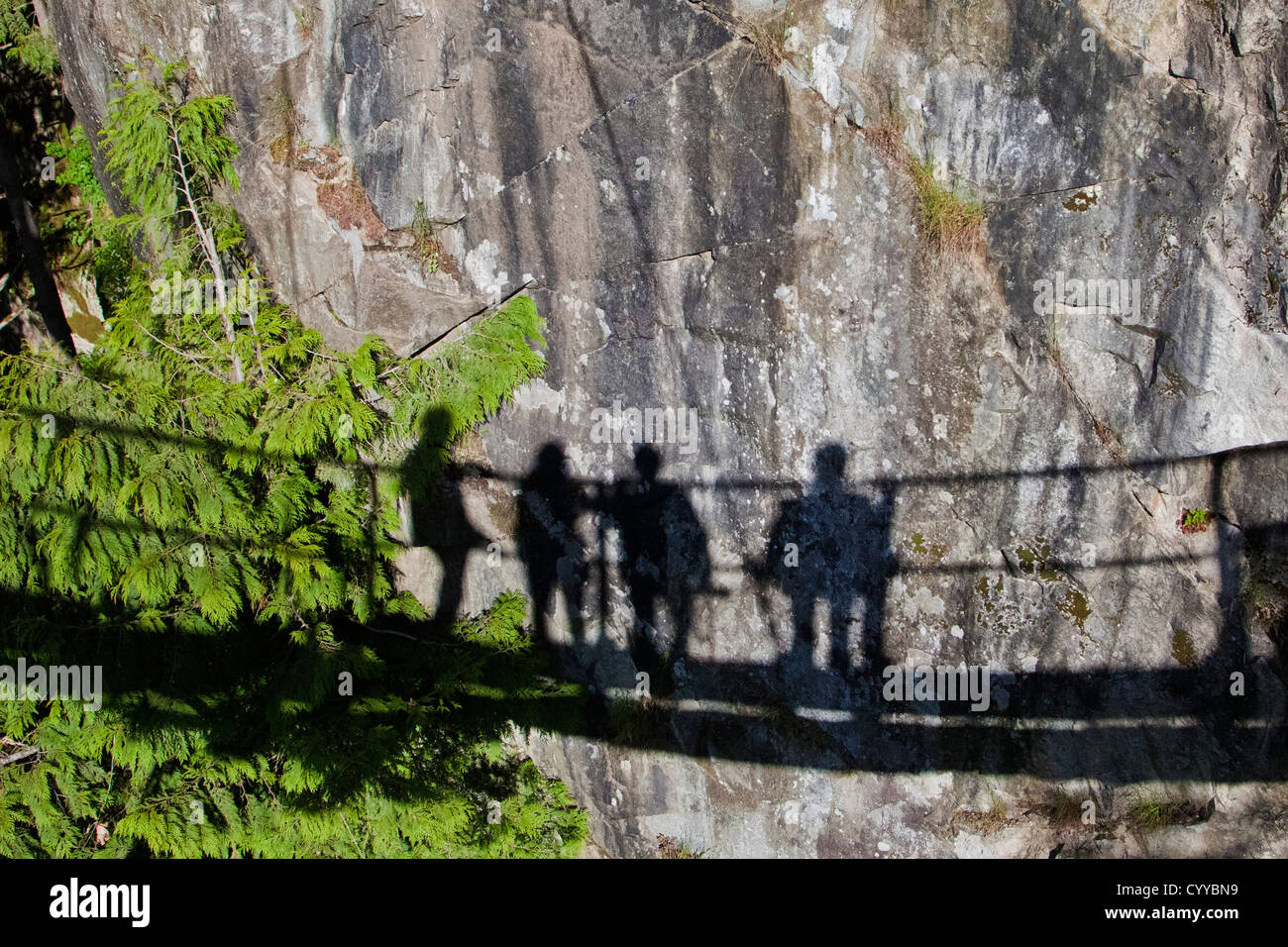 shadows on the rock; people standing on the Capilano suspension bridge ...