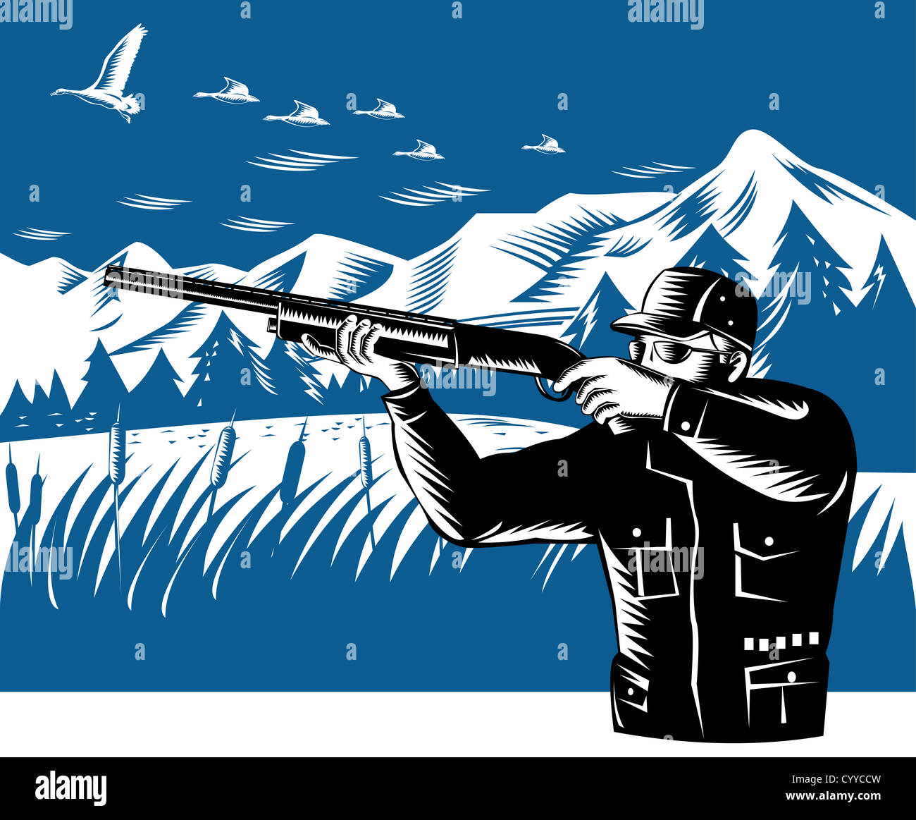 illustration of a hunter aiming shotgun rifle gun at game bird duck ...