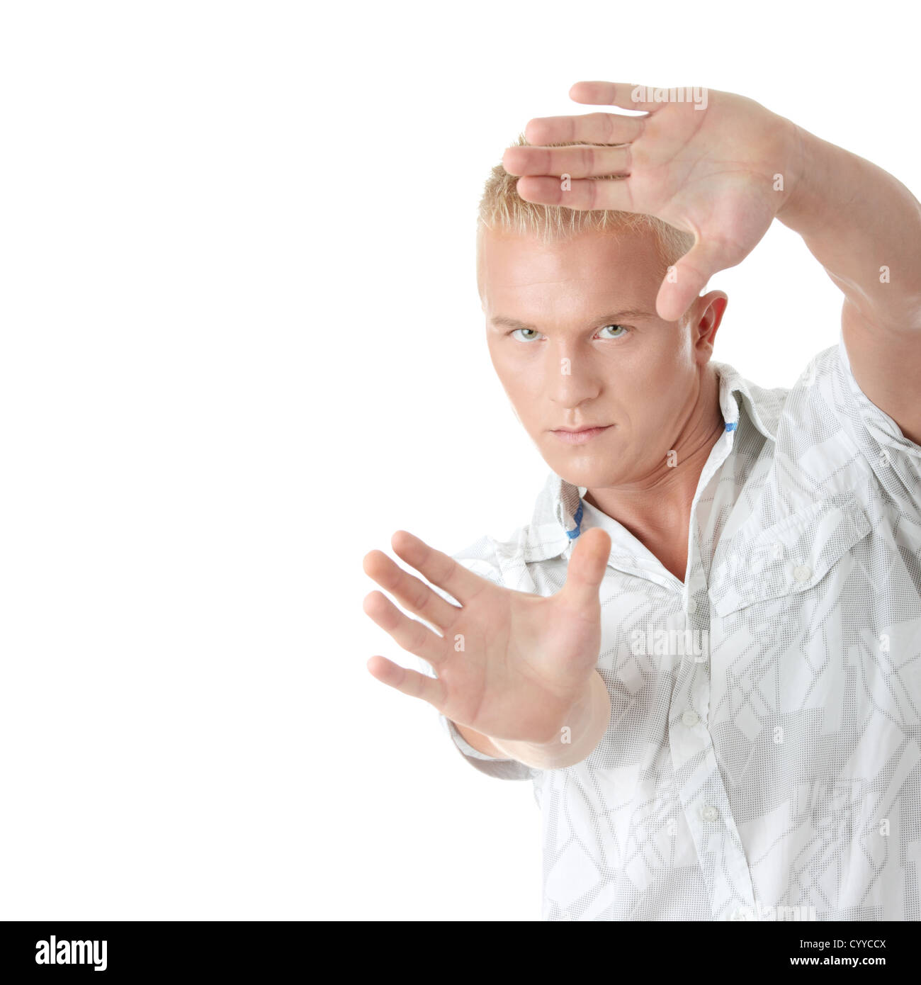 Handsome model framing his face on an isolated white background Stock ...