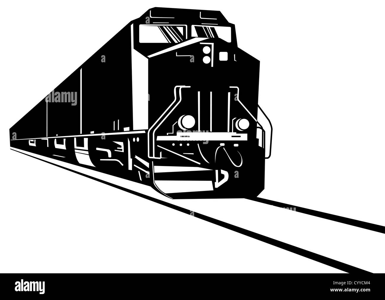 illustration of a diesel train locomotive coming up on railroad done in ...