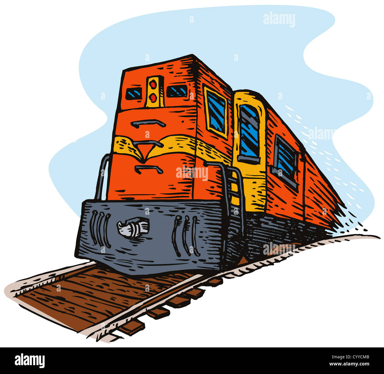 illustration of a diesel train locomotive coming up on railroad done in ...