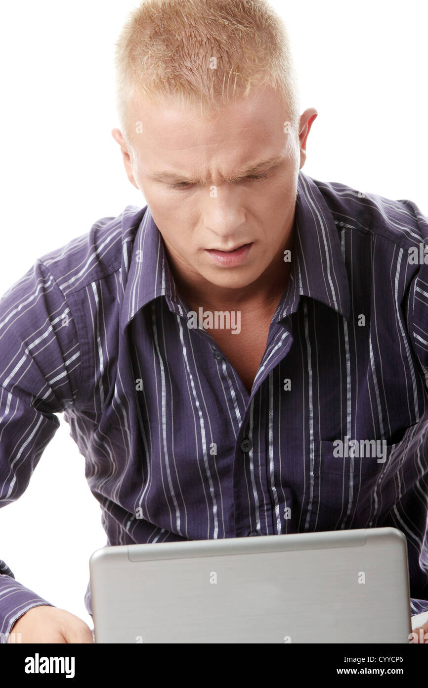 Man with laptop isolated on white background Stock Photo - Alamy