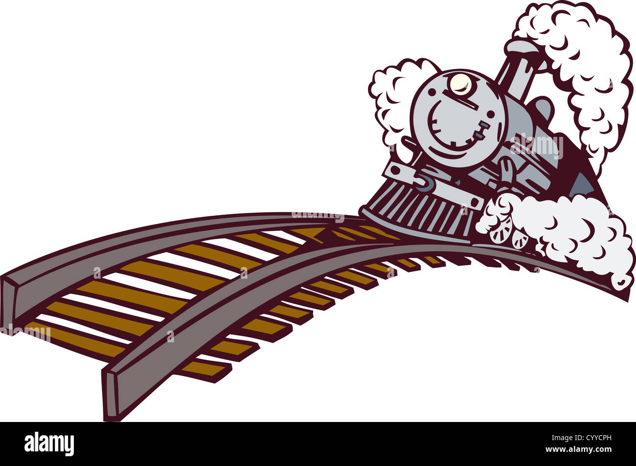 illustration of a steam train locomotive coming up on railroad done in ...