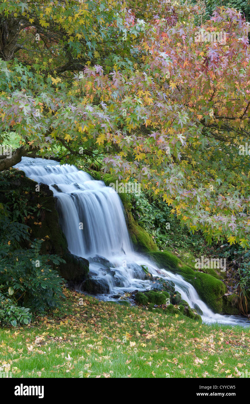 Autumn leaves overhang picturesque waterfall hi-res stock photography ...