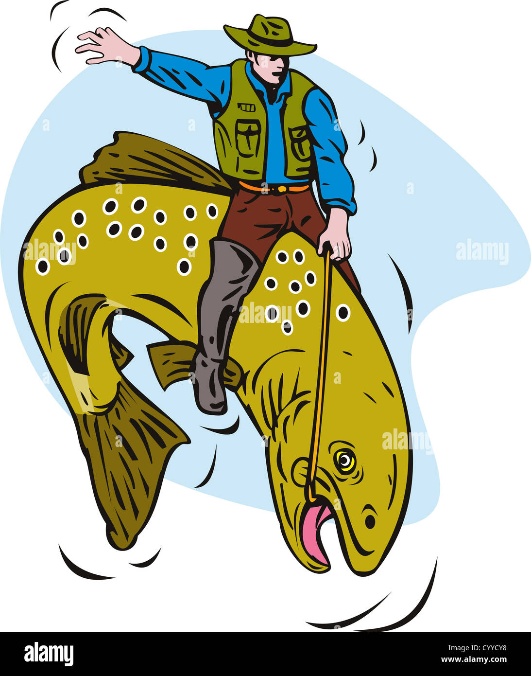 illustration of a trout fish jumping with fly fisherman riding done in ...