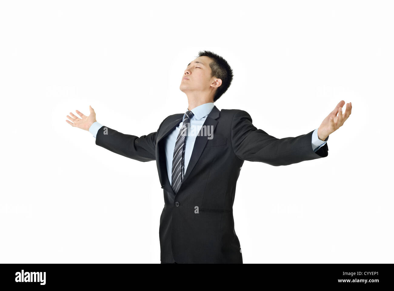 Businessman of freedom open arms and close eyes on white background ...