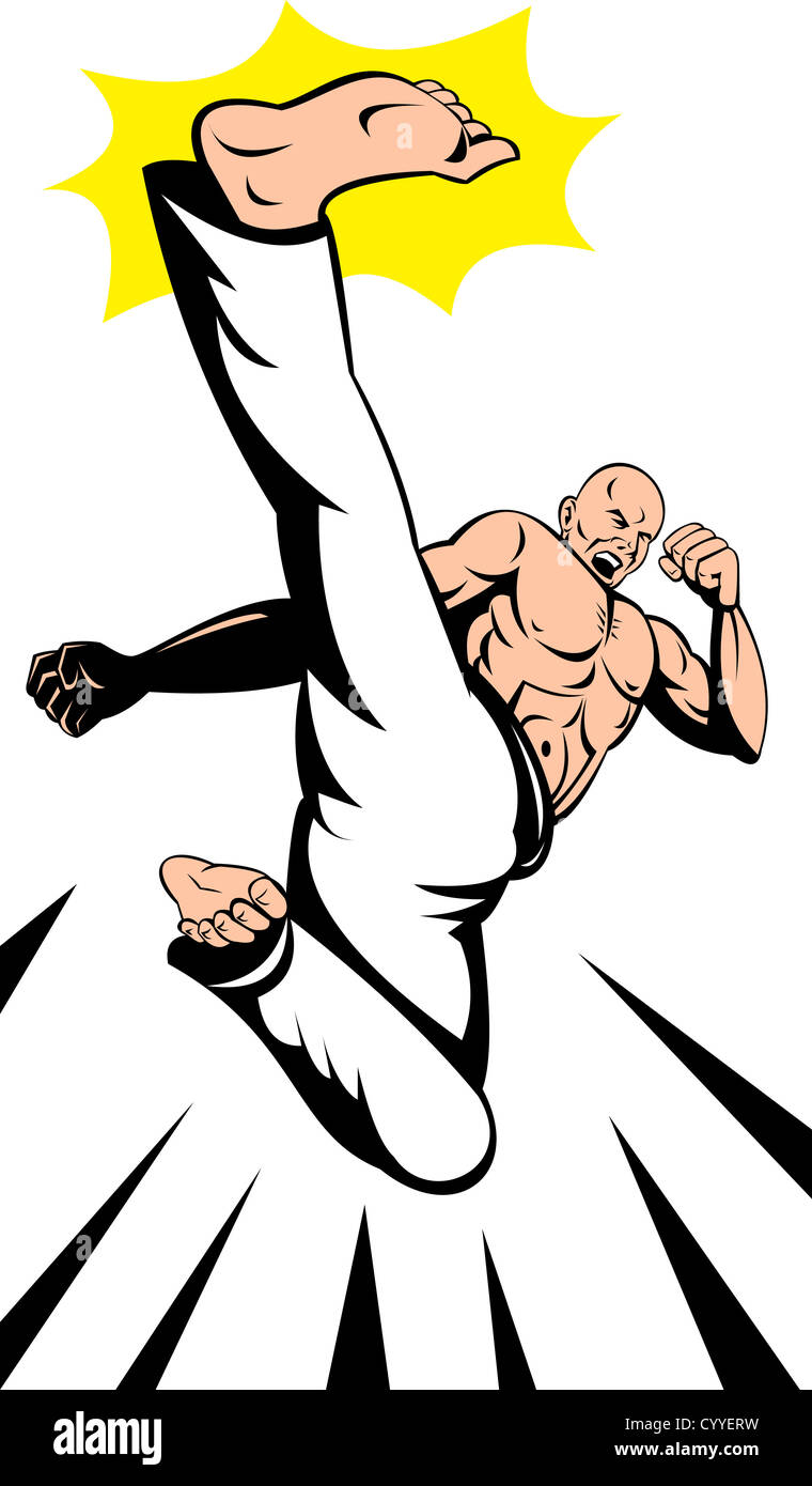 Illustration of a male karate kung fu expert flying kick on white Stock ...