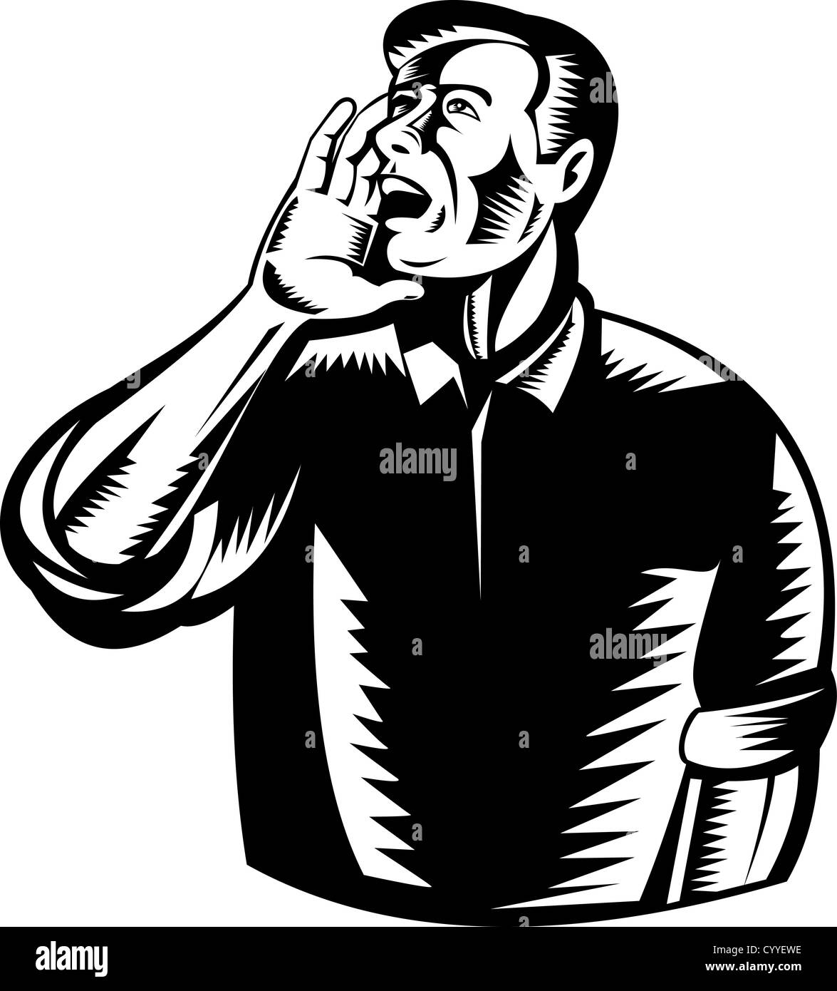 Illustration of a male worker shouting done in retro woodcut style ...