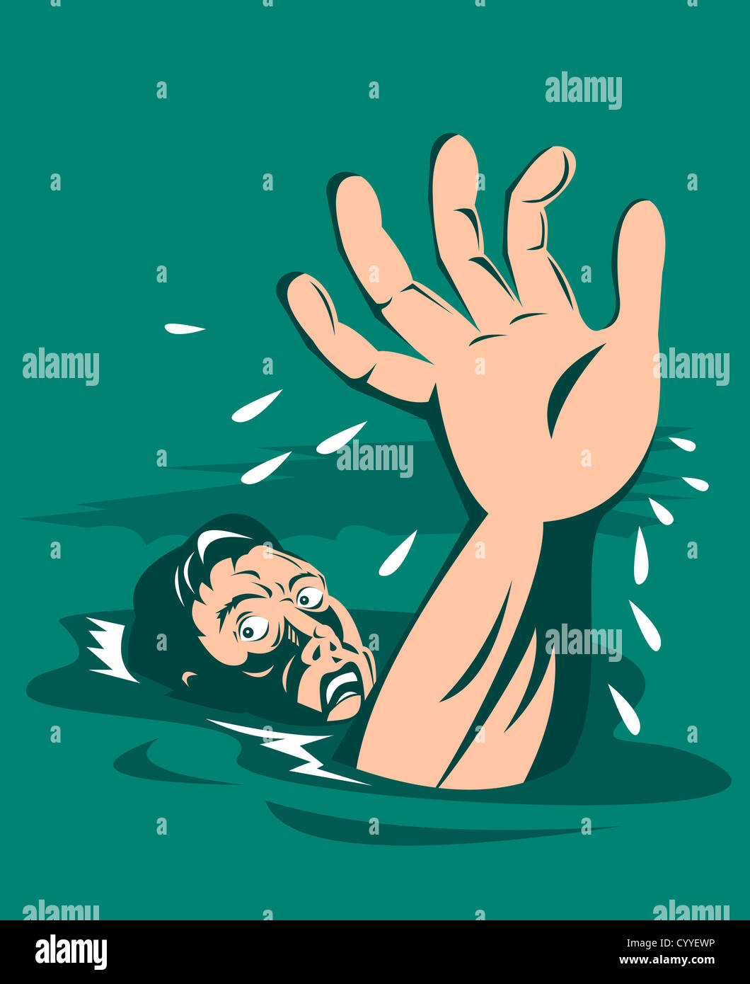 Illustration of a man hand reaching out for help almost drowning retro ...