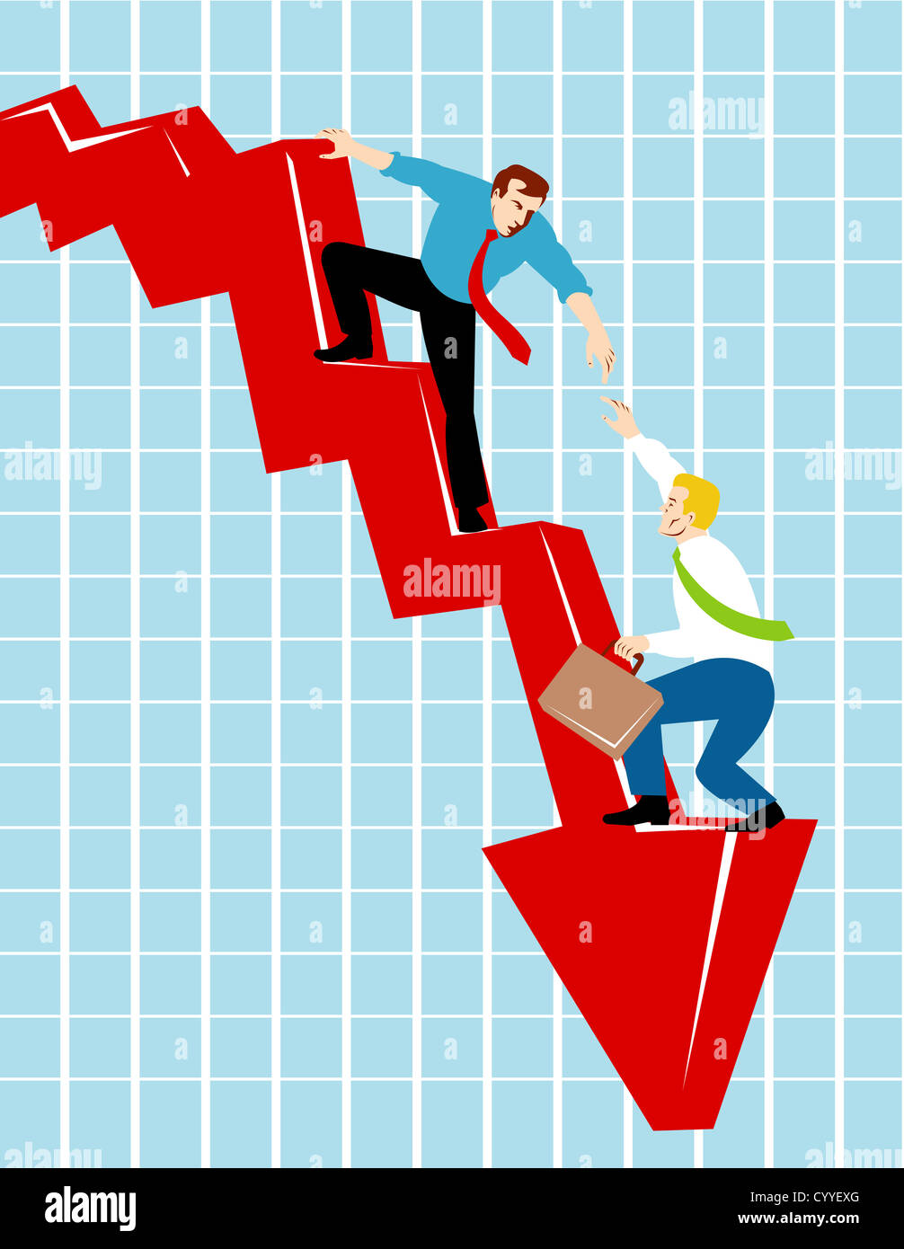 Illustration of office worker reaching out helping another on plunging ...