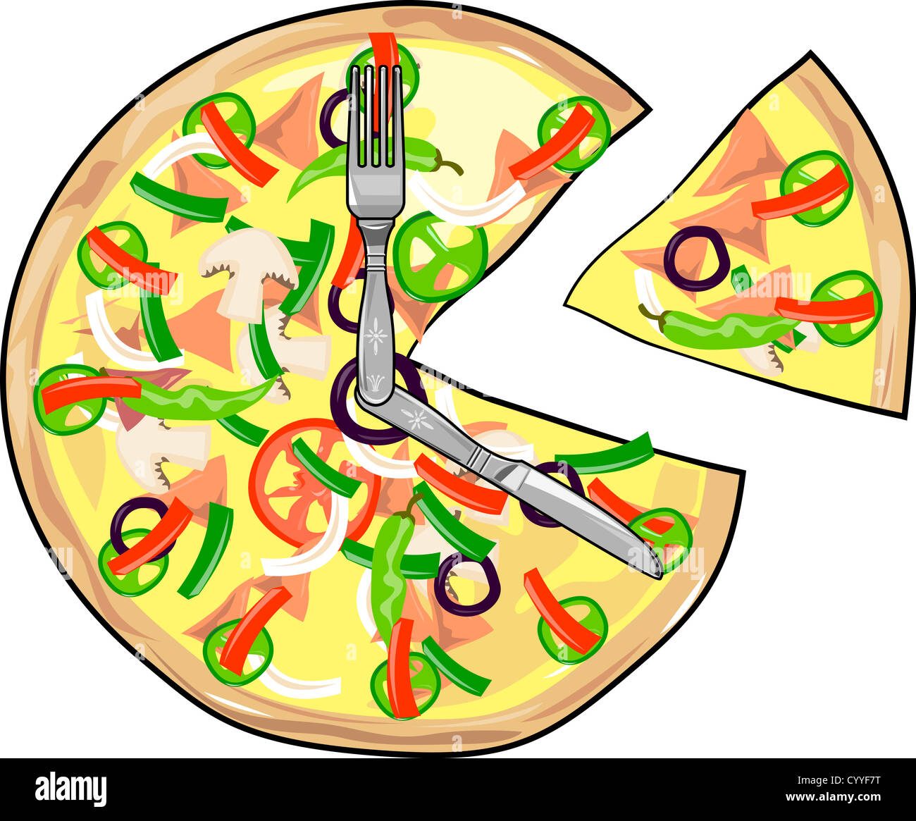 Illustration of a pizza pie clock with fork and knife as minute and ...
