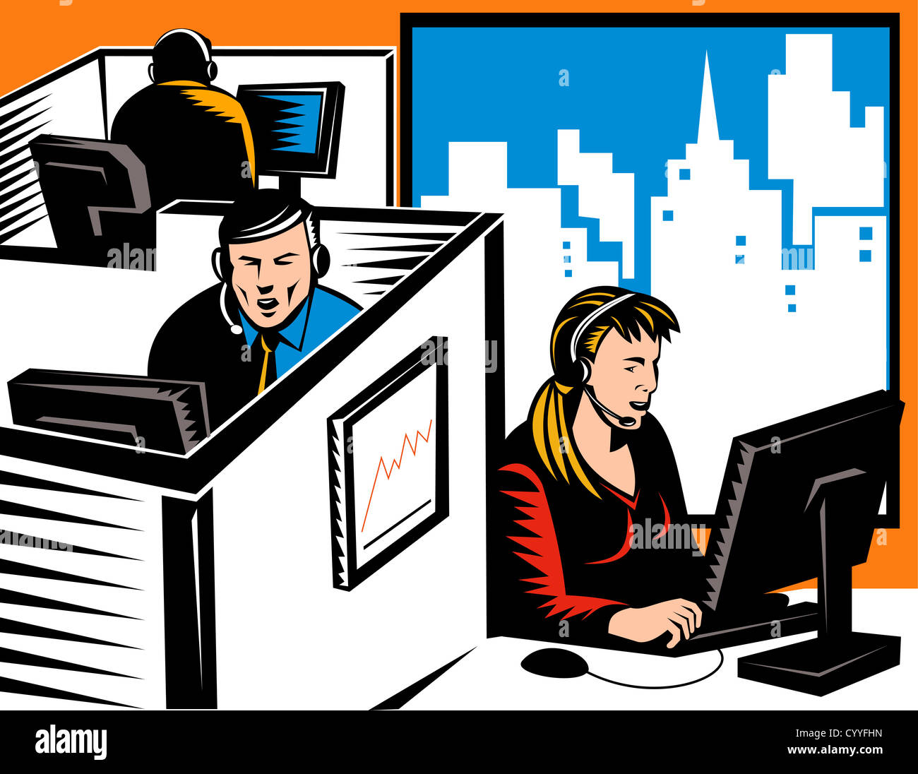 Illustration of office worker telemarketer with phone headset near ...