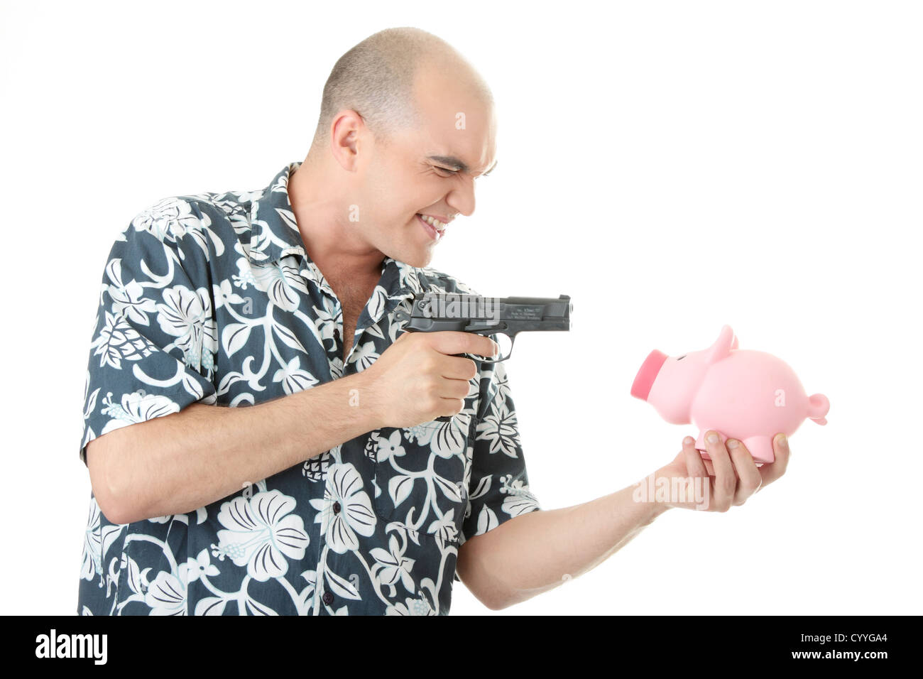 Man with gun pointing at piggy bank isolated on white Stock Photo - Alamy