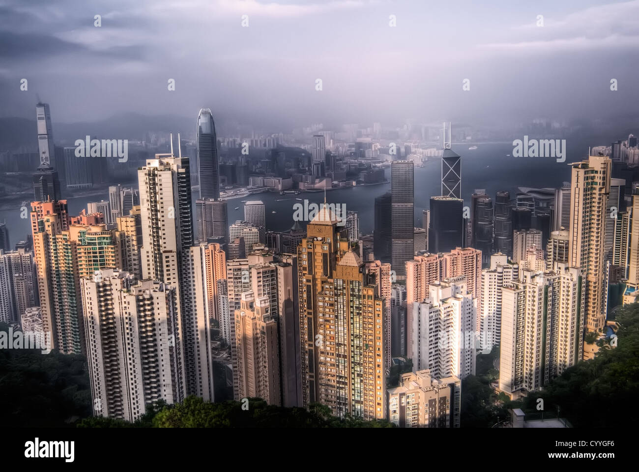 Dramatic cityscape with skyscraper and blue sky in Hong Kong Stock ...