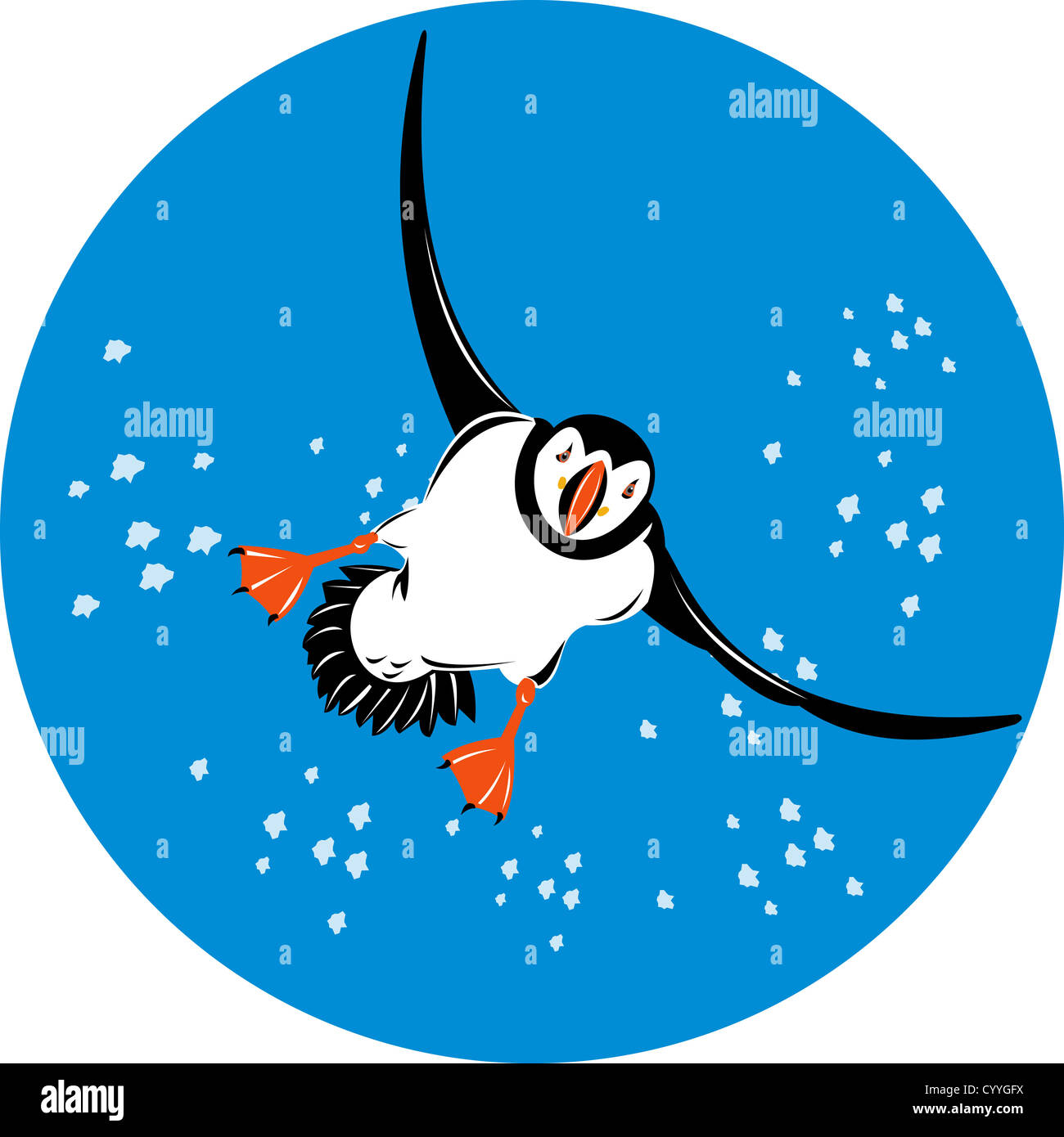 Illustration of a Atlantic puffin bird flying done in retro woodcut ...