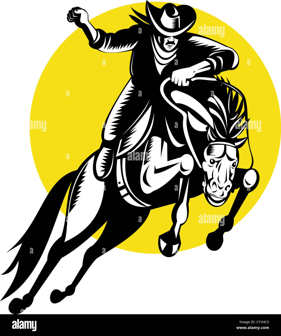 Illustration of rodeo cowboy riding a bucking bronco done in retro ...