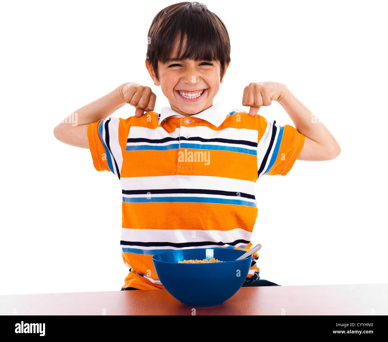 Young boy showing his strength by raising his arms on isolated white ...