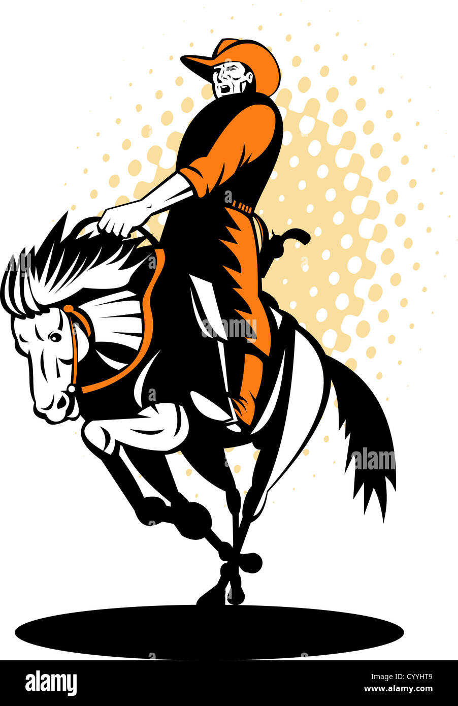 Illustration of rodeo cowboy riding a bucking bronco done in retro ...