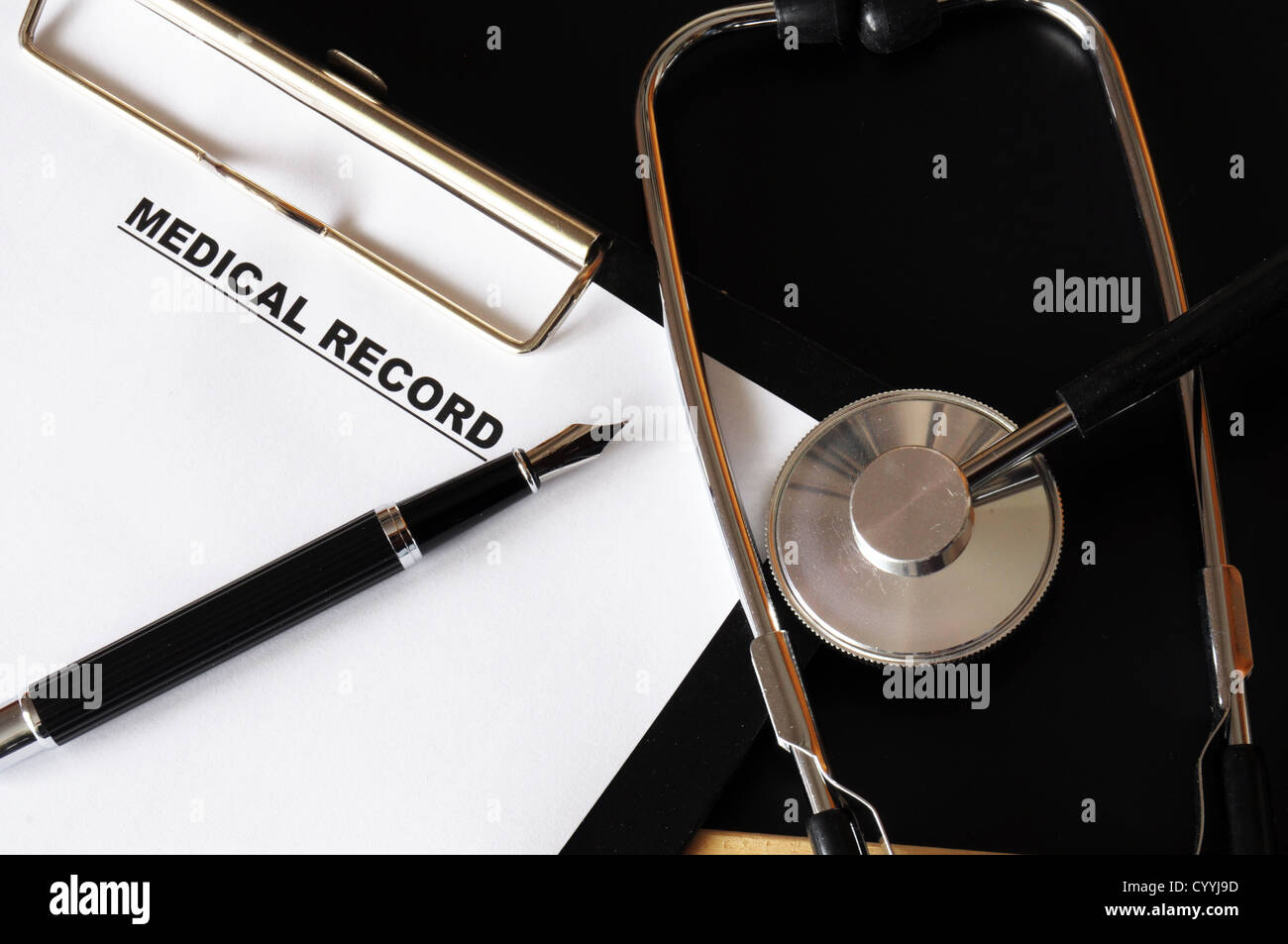 medical record clipboard and stethoscope showing health or medicine ...