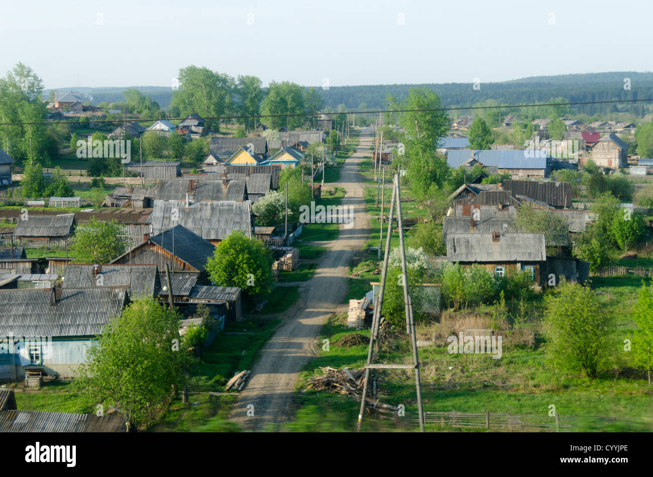 Village beside Trans Siberian railway between Omsk and Kungur, in the ...
