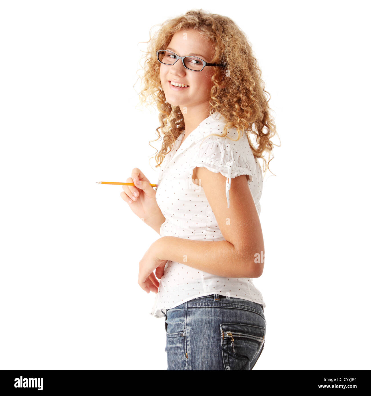 Beautiful pudgy caucasian student girl isolated on white background ...
