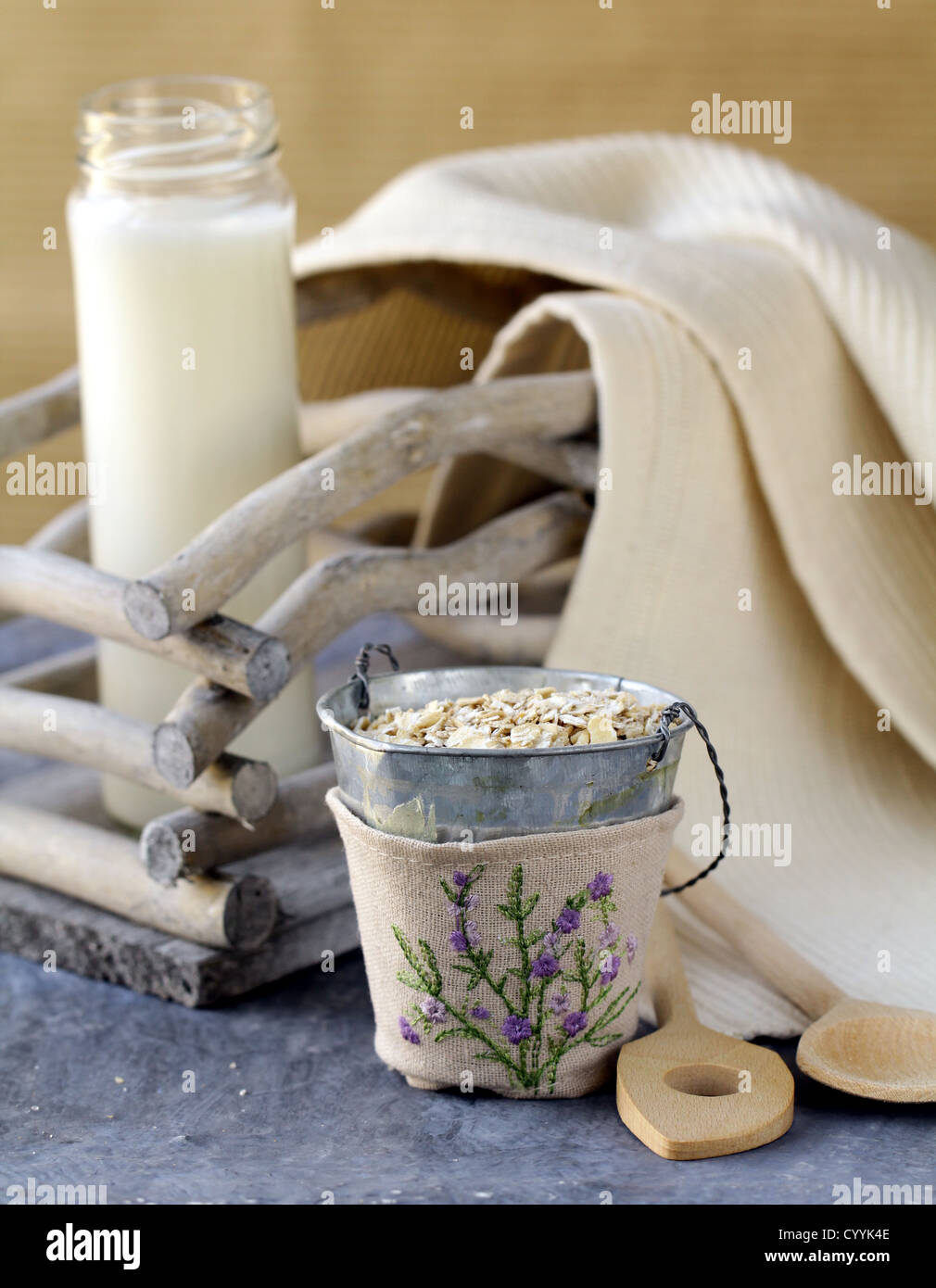oat groats with a bottle of milk, healthy rustic breakfast Stock Photo ...